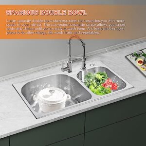 DIRECTUNIT 31.5-inch Drop-in Topmount Kitchen Sink Double Bowl with 2 Holes 18 Gauge Stainless Steel Sink with Silicone Protector Mat, 31.5" x 20.5" x 9"