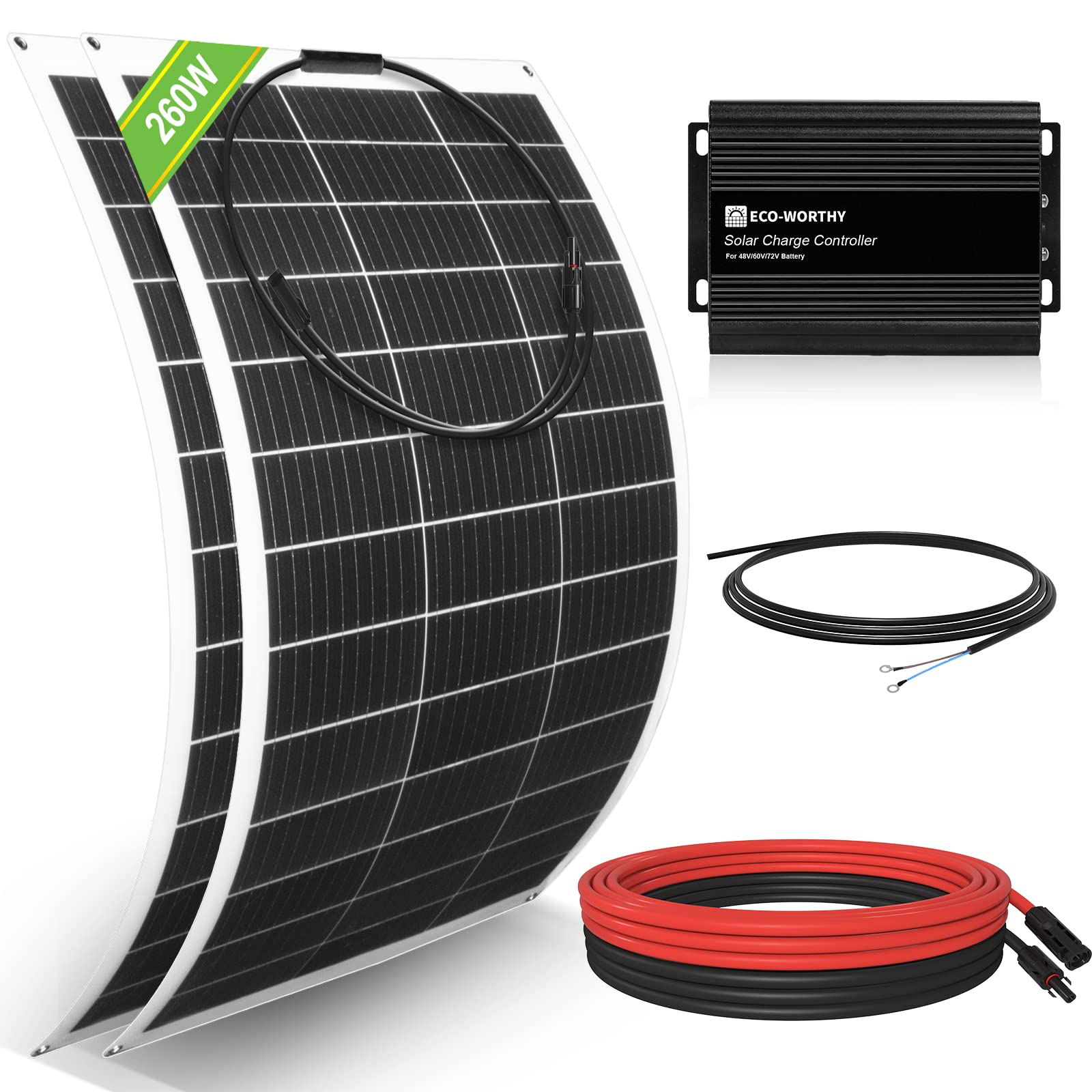 ECO-WORTHY 260W Flexible Solar Panel Kit for Golf Cart,1040wh/day Generation,Charge While Driving,Extend Battery Life,Go Further：2pcs 130W Solar Panel,48V/60V/72V MPPT Boost Charge Controller