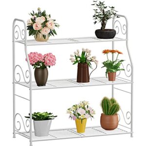 ovicar metal plant stand rack - 3 tier indoor outdoor plant display shelf flower pot holder for garden patio balcony porch corner living room , multiple storage shelf for home use (white)