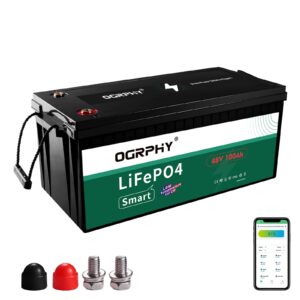 ogrphy 48v 100ah lifepo4 battery with bluetooth, 5.12kwh grade a cells lithium battery with 500a peak current, up to 5000+ deep cycles battery for golf cart, solar, rv and off grid applications