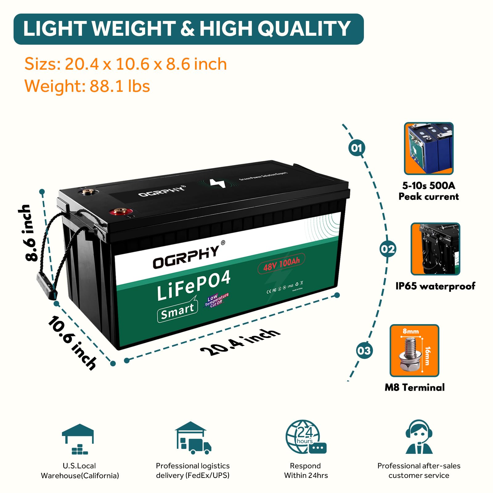 OGRPHY 48V 100AH LiFePO4 Battery with Bluetooth, 5.12kWh Grade A Cells Lithium Battery with 500A Peak Current, Up to 5000+ Deep Cycles Battery for Golf Cart, Solar, RV and Off Grid Applications