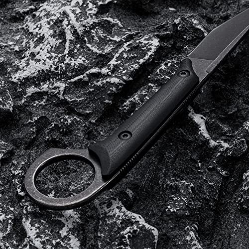 OOULORE Fixed Blade Knife, D2 Stonewashed Steel Blade G10 Handle, Tactical EDC sharp Straight Knife, Utility Knife for Outdoor Survival Hiking Camping with Kydex Sheath OS1014 (Black)