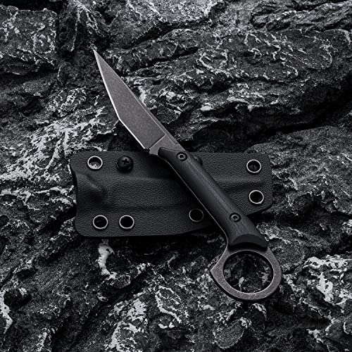 OOULORE Fixed Blade Knife, D2 Stonewashed Steel Blade G10 Handle, Tactical EDC sharp Straight Knife, Utility Knife for Outdoor Survival Hiking Camping with Kydex Sheath OS1014 (Black)