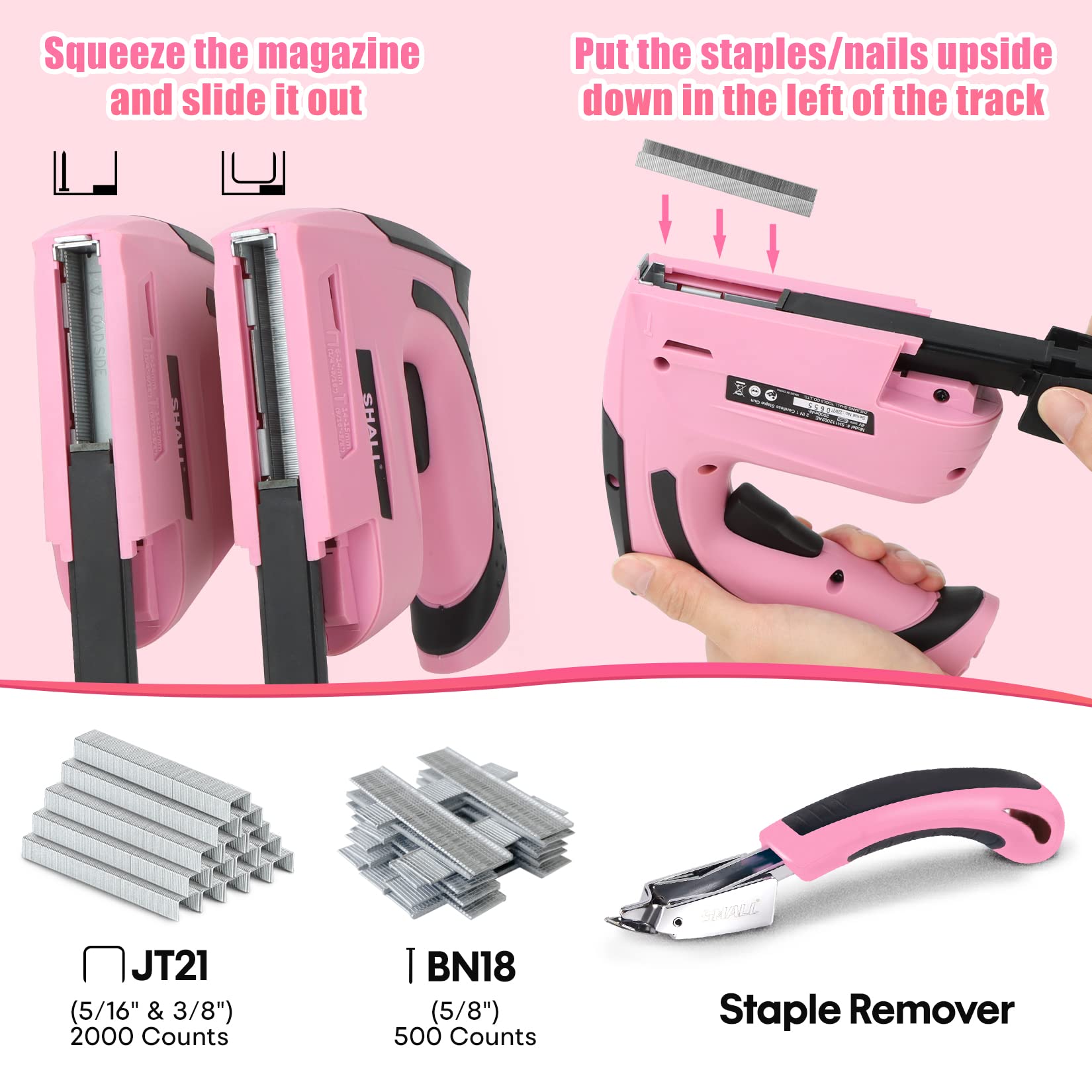 SHALL Pink Electric Staple Gun, 2 in 1 Cordless Upholstery Stapler Nail Gun for Wood, 4V Rechargeable Brad Nailer Kit w/ 2500 Staples Nails, Staple Remover & Fast Charger for Crafts, DIY, Decoration