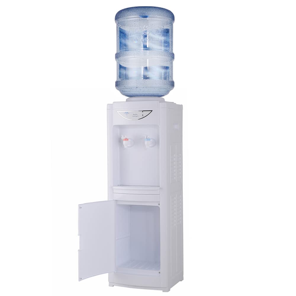 Hot&Cold Water Cooler Dispenser, 5 Gallon Top Loading Water Cooler for Home Office, Water Cooler Dispenser with Storage Cabinet, Chile Safety Lock,White