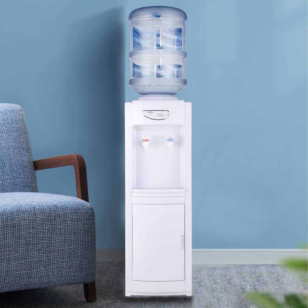 Hot&Cold Water Cooler Dispenser, 5 Gallon Top Loading Water Cooler for Home Office, Water Cooler Dispenser with Storage Cabinet, Chile Safety Lock,White