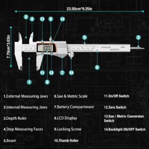 Raynesys Digital Caliper 6 inch 150mm Micrometer Caliper Digital Caliper All Stainless Steel Electronic Diameter Measuring Tool with Large LCD Screen for Household/Jewelers/DIY