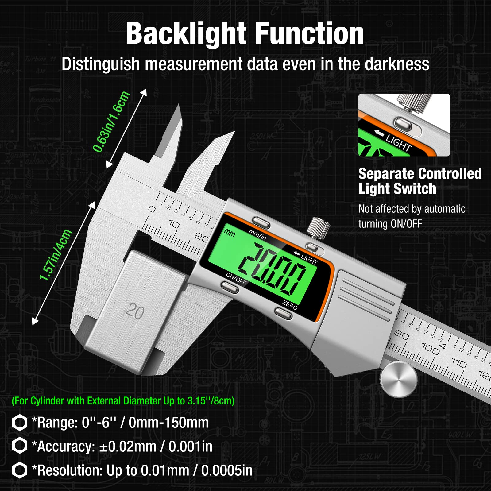 Raynesys Digital Caliper 6 inch 150mm Micrometer Caliper Digital Caliper All Stainless Steel Electronic Diameter Measuring Tool with Large LCD Screen for Household/Jewelers/DIY