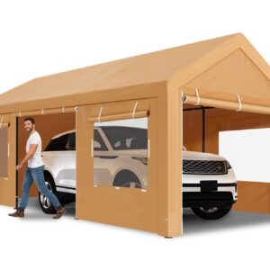 Carport Canopy 10x20 Heavy Duty with Roll-up Ventilated Windows & Doors, Portable Garage with Removable Sidewalls - Boat Shelter Wedding Party Tent Storage Shed Beige