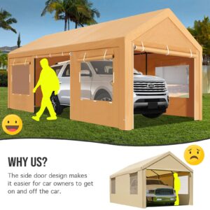 Carport Canopy 10x20 Heavy Duty with Roll-up Ventilated Windows & Doors, Portable Garage with Removable Sidewalls - Boat Shelter Wedding Party Tent Storage Shed Beige