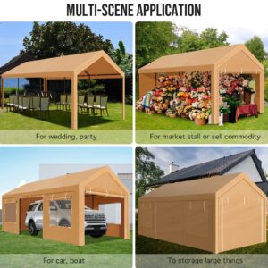 Carport Canopy 10x20 Heavy Duty with Roll-up Ventilated Windows & Doors, Portable Garage with Removable Sidewalls - Boat Shelter Wedding Party Tent Storage Shed Beige