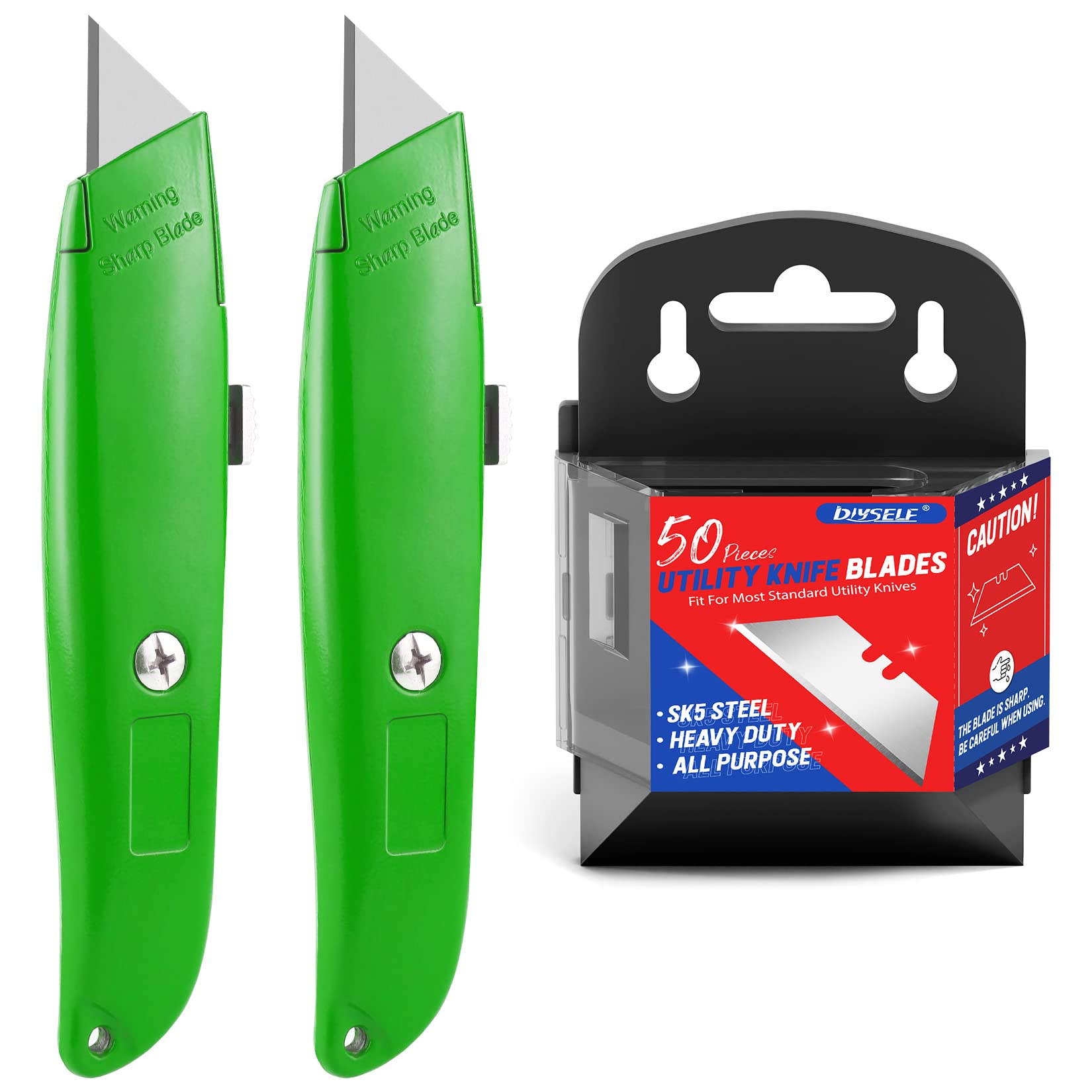 DIYSELF 2Pack Utility Knife Box Cutter Retractable and 50Pack Utility Knife Blades Box Cutter Blades