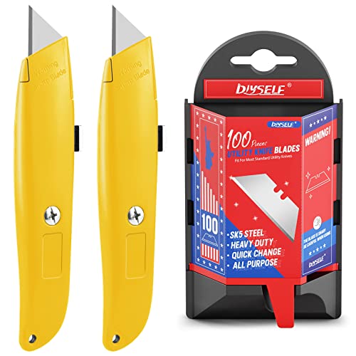 DIYSELF 2Pack Utility Knife Box Cutter Retractable and 100Pack Box Cutter Blades