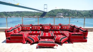 red corner floor sofa seating set, u shaped arabic sofa set, oriental floor seating, floor cushions, living room sofa, arabic majlis,floor couch (u sofa full set)