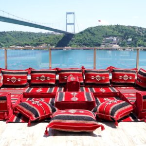 Red Corner Floor Sofa Seating Set, U Shaped Arabic Sofa Set, Oriental Floor Seating, Floor Cushions, Living Room Sofa, Arabic Majlis,Floor Couch (U Sofa Full Set)