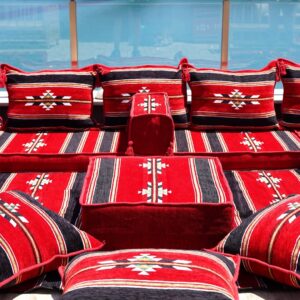 Red Corner Floor Sofa Seating Set, U Shaped Arabic Sofa Set, Oriental Floor Seating, Floor Cushions, Living Room Sofa, Arabic Majlis,Floor Couch (U Sofa Full Set)