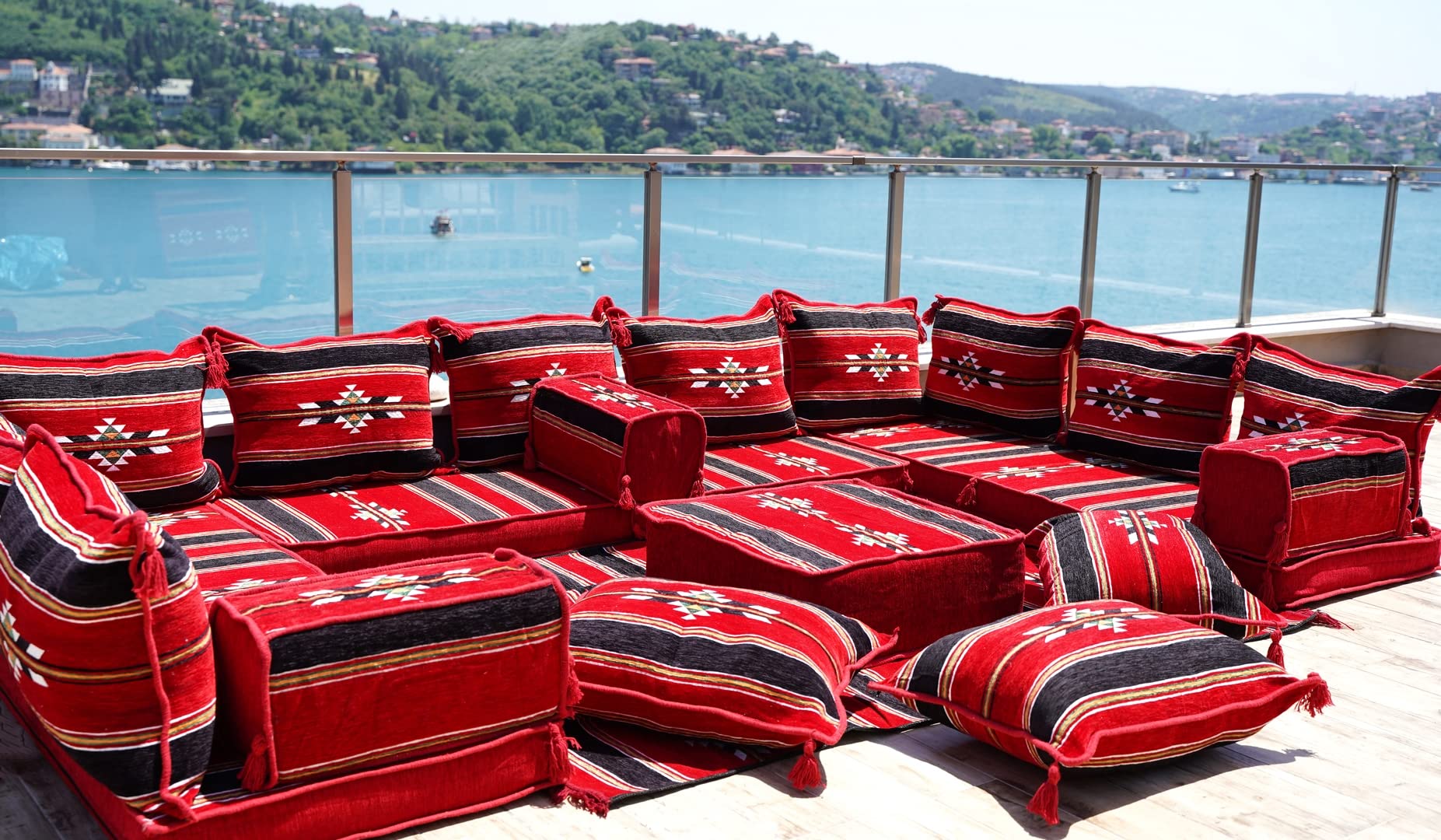 Red Corner Floor Sofa Seating Set, U Shaped Arabic Sofa Set, Oriental Floor Seating, Floor Cushions, Living Room Sofa, Arabic Majlis,Floor Couch (U Sofa Full Set)