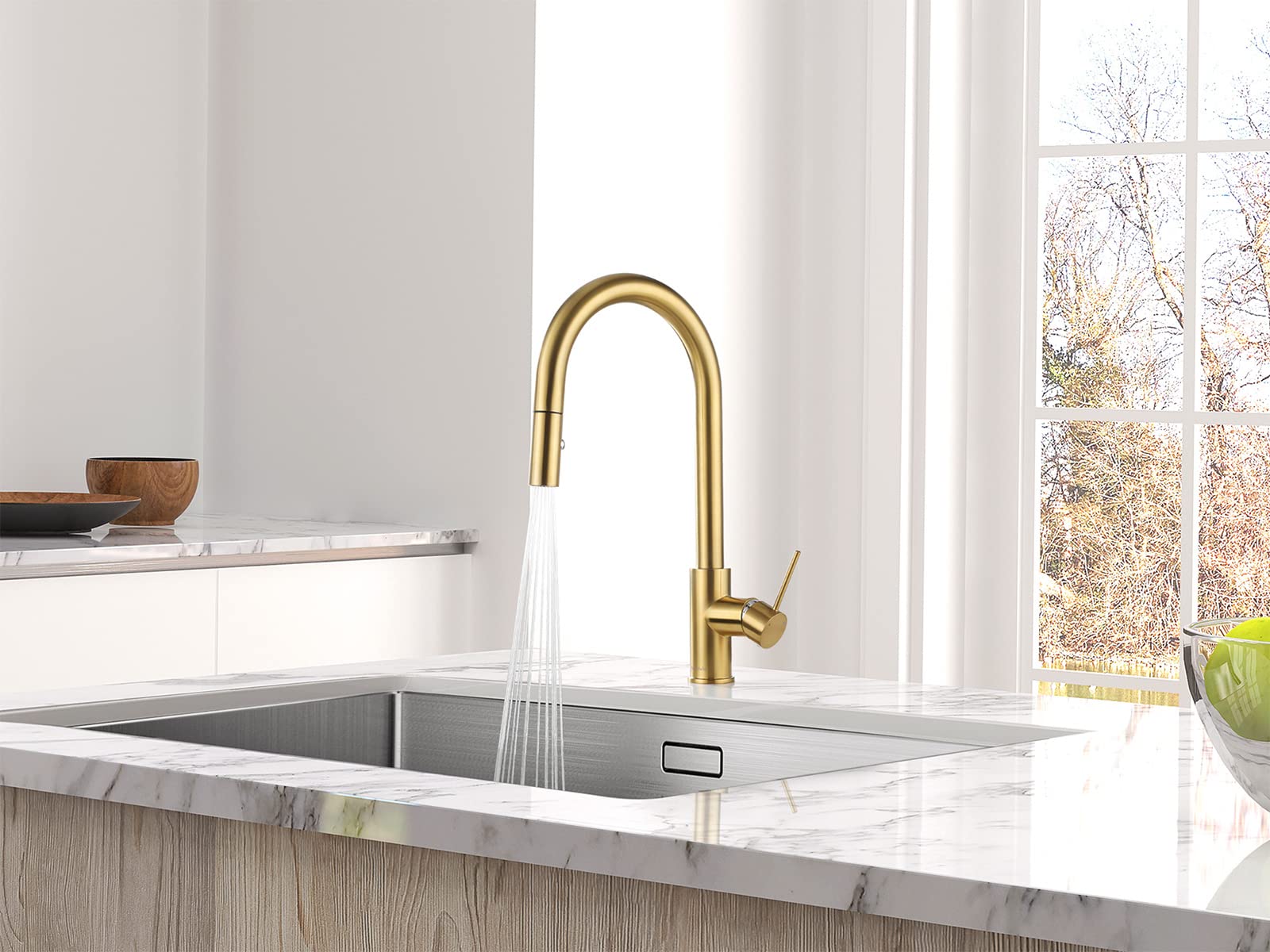 AguaStella AS60BG Brushed Gold Kitchen Sink Faucet with Pull Down Sprayer Single Handle