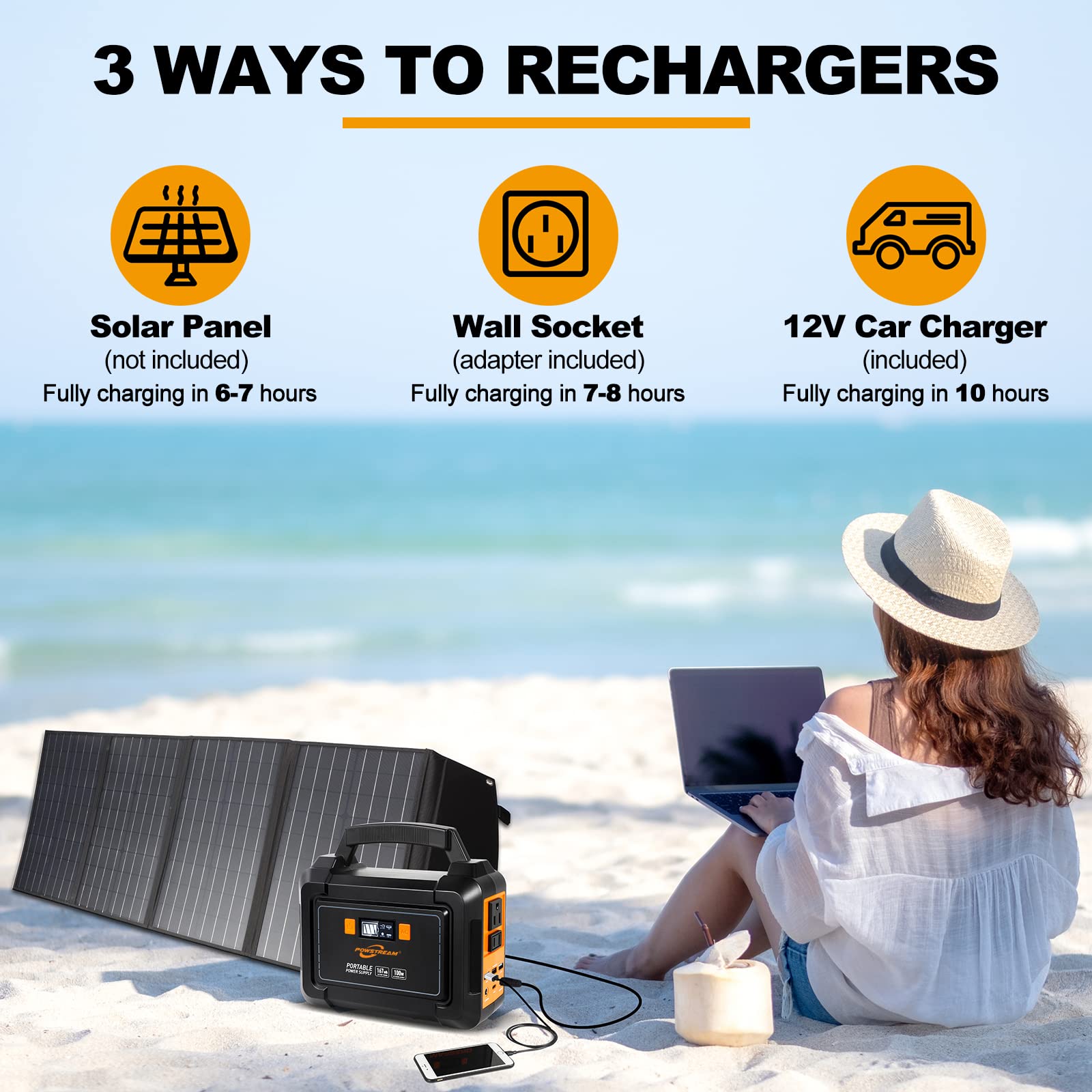 POWSTREAM 100W Portable Power Station Solar Generators 167Wh Lithium Battery Power Supply with 110V AC Outlet, 2 DC Ports, 4 USB Ports, LED Flashlights for CPAP Home Camping Emergency Backup