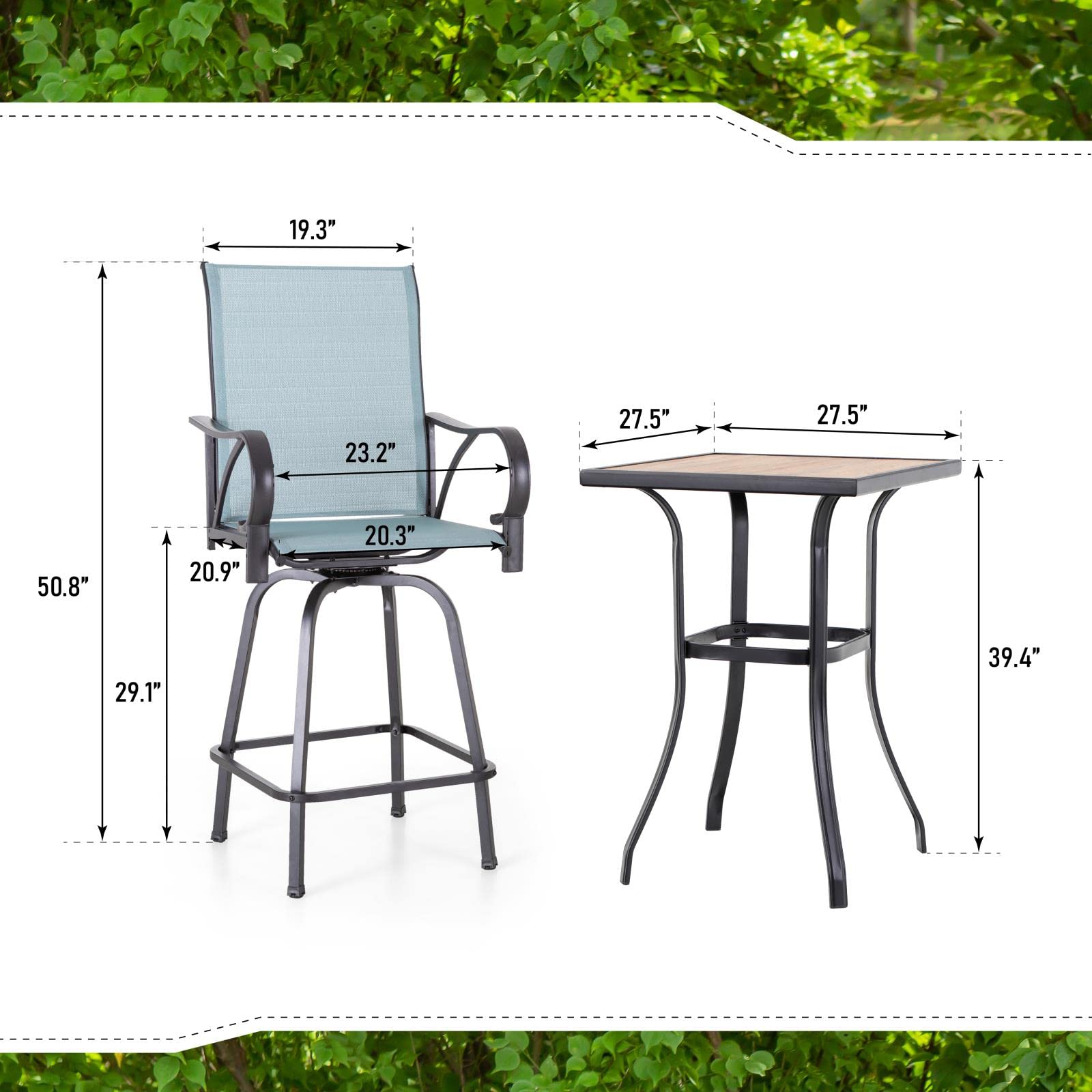 PHI VILLA Outdoor Patio Swivel Bar Set of 3, Jacquard Lake Blue Textilene Furniture Bistro Set with 2 Outdoor Bar Stools and Square Patio Bar Table for Garden Lawn Yard