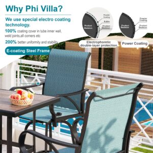 PHI VILLA Outdoor Patio Swivel Bar Set of 3, Jacquard Lake Blue Textilene Furniture Bistro Set with 2 Outdoor Bar Stools and Square Patio Bar Table for Garden Lawn Yard