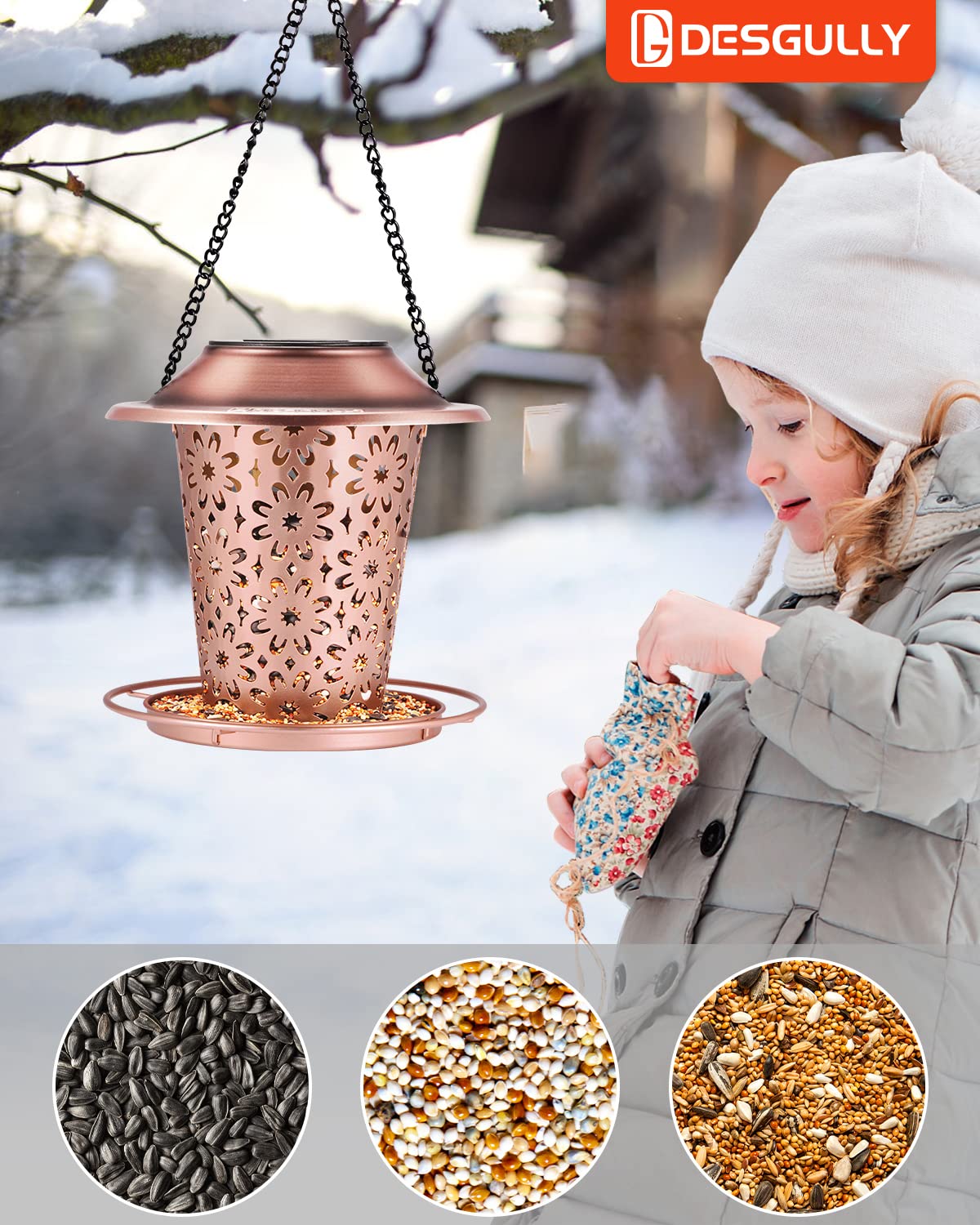 Bird Feeders for Outdoors Hanging Solar Bird Feeder Garden Lantern for Outside Patio Decoration Gift for Wild Bird Lovers Metal Easy to Clean and Fill