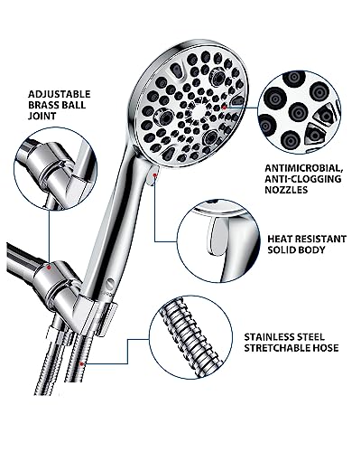 Detachable Shower head with Handheld Spray Combo, Apartment must haves High Pressure with Long Hose 10 Multifunctional Set Mode, Wall Installed Rain Showerhead, Adjustable Bracket Built-in Clean Jet