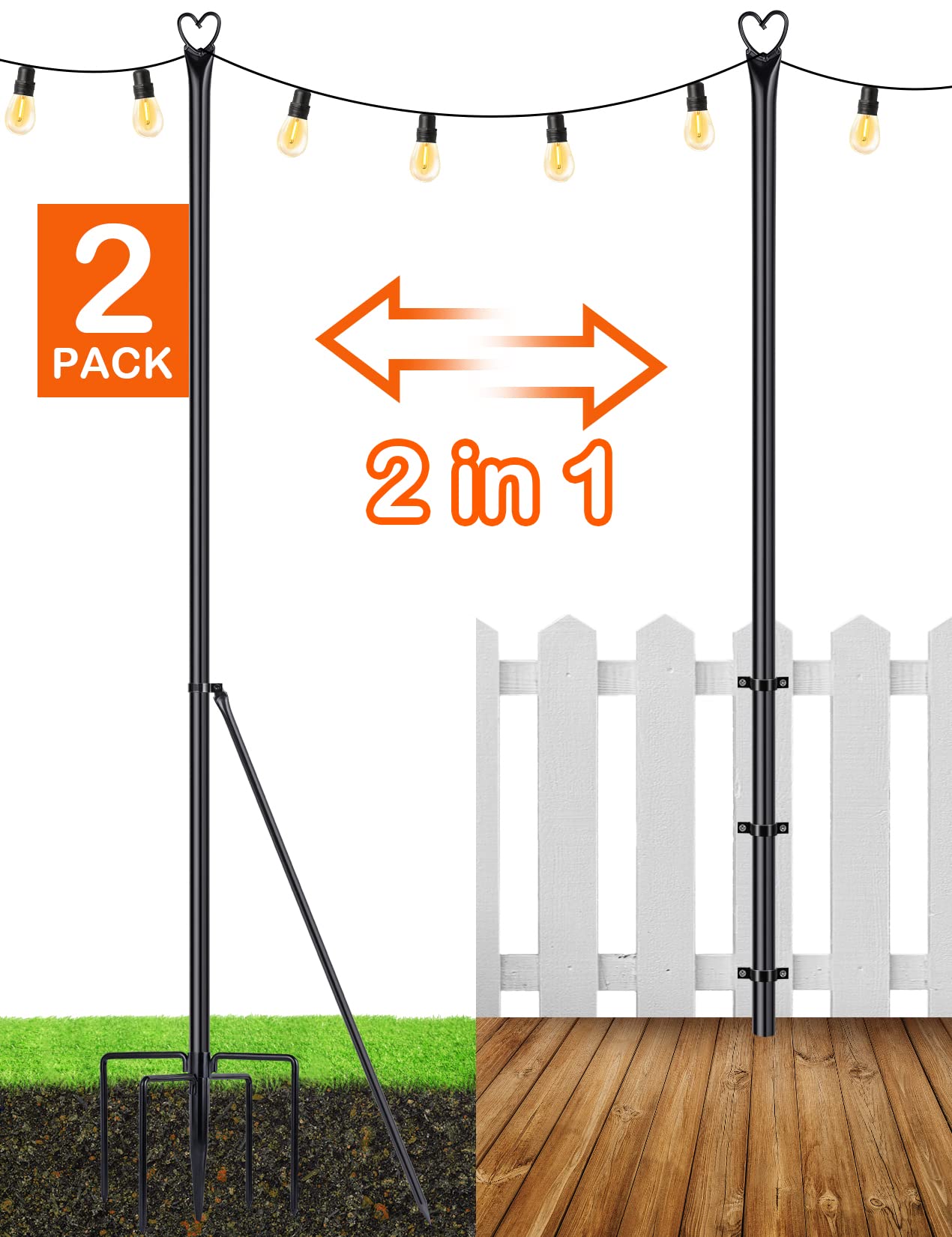 LOPANNY String Light Poles - 2 Pack 9.8 FT for Outside Hanging - Backyard, Garden, Patio, Deck Lighting Stand for Outdoor Parties, Wedding