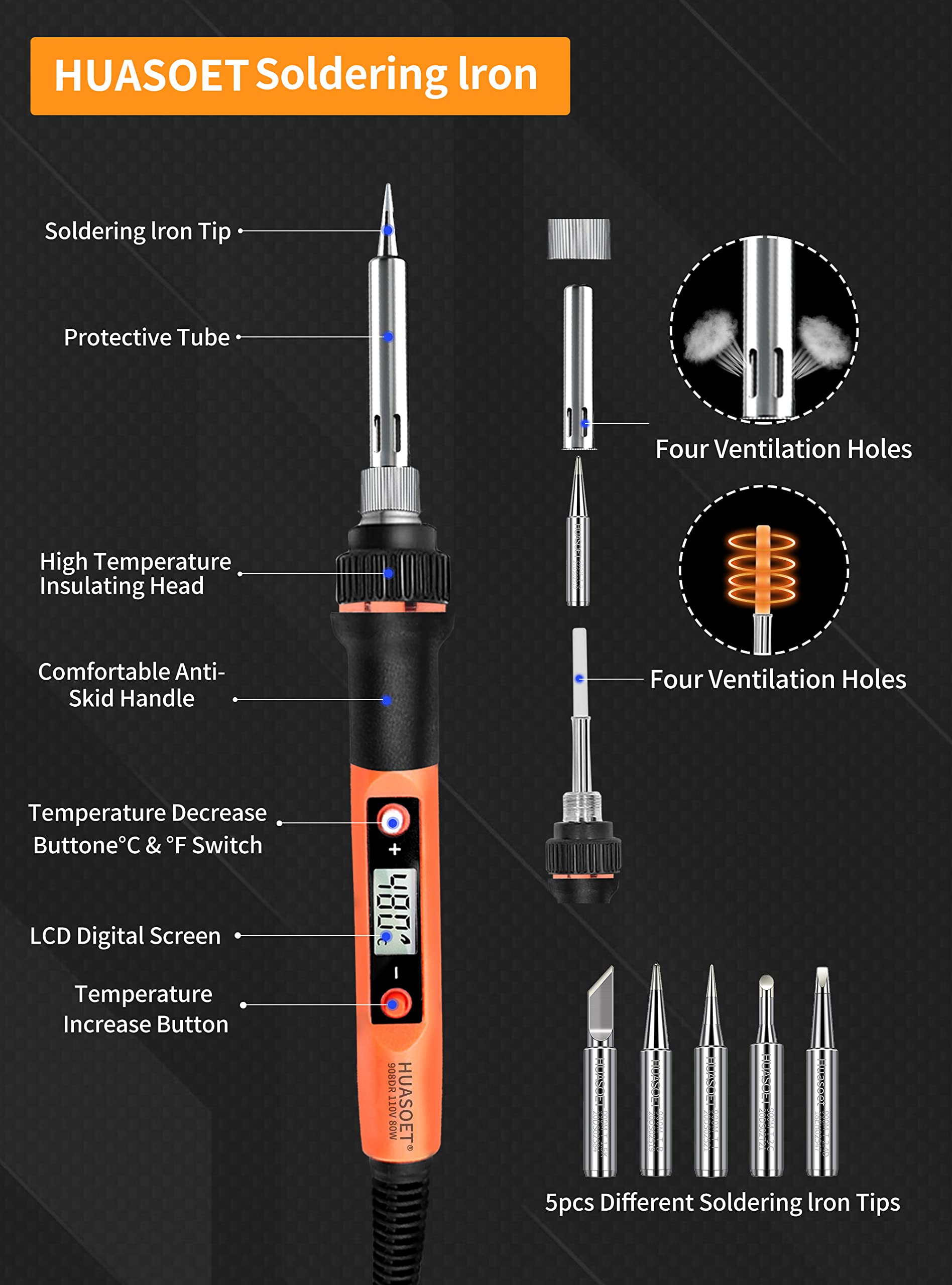 HUASOET Digital Soldering Iron 80W 110V, LCD Display Portable Electric Solder Iron, Sautering Gun Kit for Electronics - Auto Sleep, Fast Heating, Adjustable Temperature