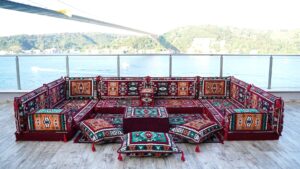 premium u shaped arabic sofa set, maroon floor cushions, arabic seating floor sofa, backrests, moroccan sofas, arabic majlis (u sofa full set)