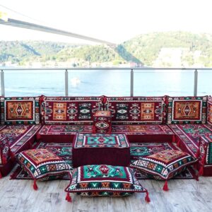 Premium U Shaped Arabic Sofa Set, Maroon Floor Cushions, Arabic Seating Floor Sofa, Backrests, Moroccan Sofas, Arabic Majlis (U Sofa Full Set)