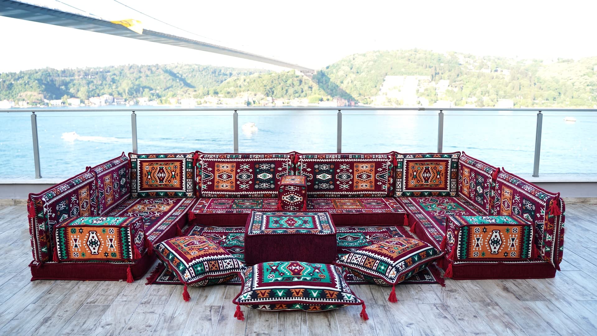 Premium U Shaped Arabic Sofa Set, Maroon Floor Cushions, Arabic Seating Floor Sofa, Backrests, Moroccan Sofas, Arabic Majlis (U Sofa Full Set)