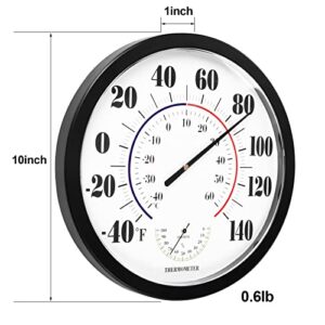 Indoor Outdoor Thermometer Wall Large Numbers Thermometer No Battery 10" Hanging Digital Weather Hygrometers for Home Garden Outside Patio Decor (Black)