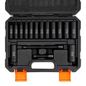 boen 3/8" drive deep impact socket set, 16 piece metric socket set 7 to 22mm, includes 3", 6" extension bars, 6 point design, cr-v steel, heavy duty storage case