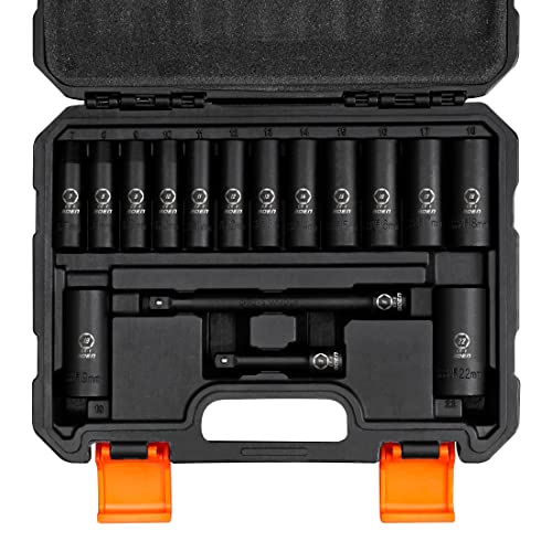 BOEN 3/8" Drive Deep Impact Socket Set, 16 Piece Metric Socket Set 7 to 22mm, Includes 3", 6" Extension Bars, 6 Point Design, Cr-V Steel, Heavy Duty Storage Case