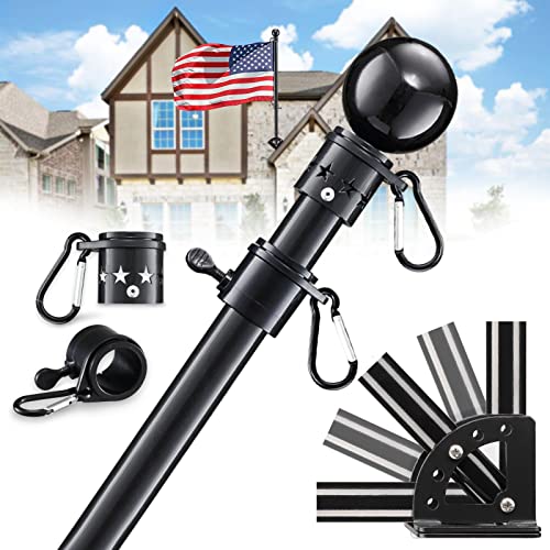 Flag Poles for Outside House - 5ft Tangle Free Flag Pole for House,Flagpoles Residential with Multi-Position Holder Bracket,Heavy Duty Flag Pole Kit High Wind Resistant for Outdoor,Porch,Truck-Black