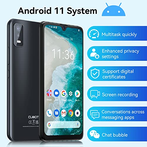 CUBOT Note 8 Smartphone Without Contract, 4G Android 11 Mobile Phone, 5.5 Inch HD Display, 13MP + 5MP Camera, 3100mAh Battery, 2GB/16GB, 128GB Expandable, Dual SIM Black