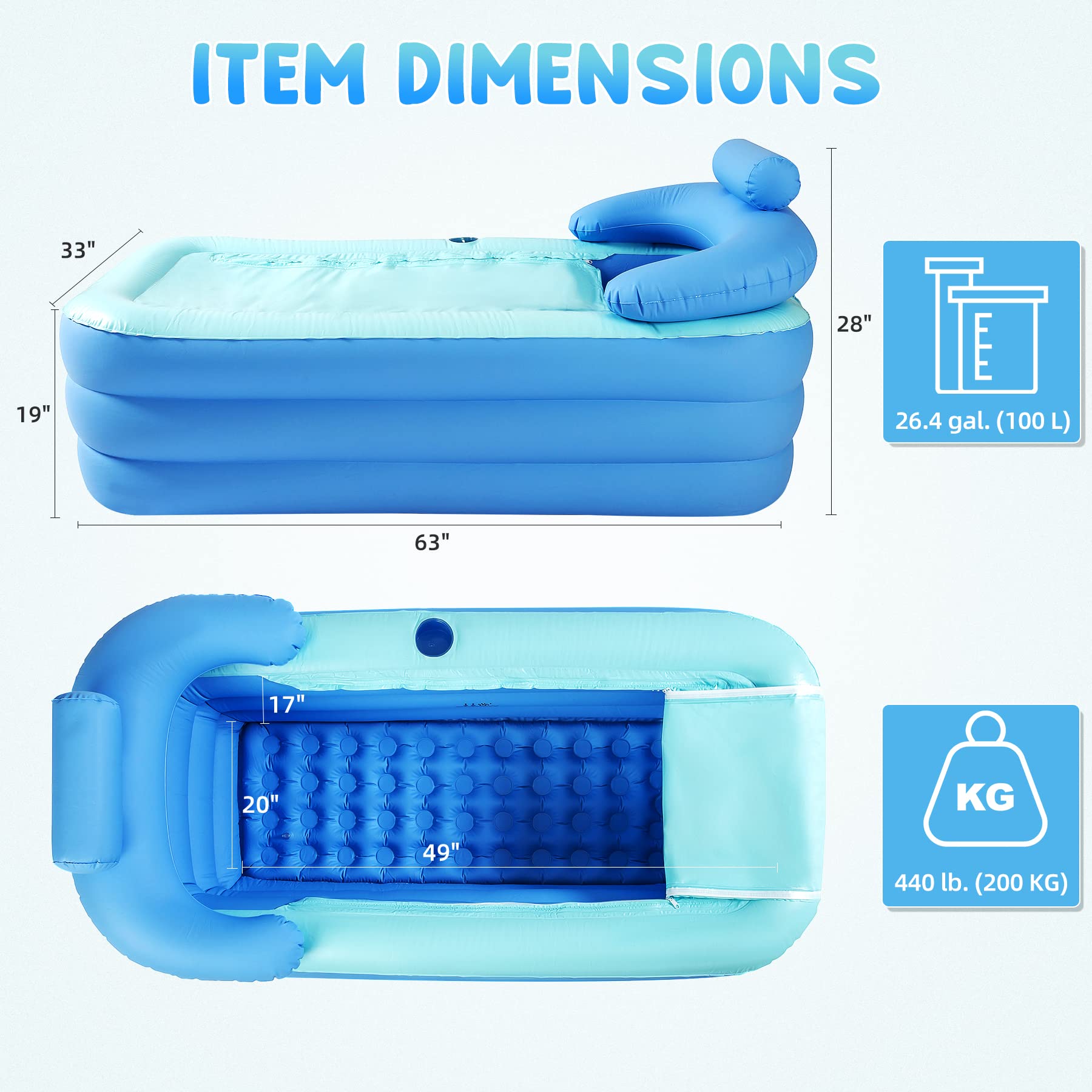 Inflatable Bathtub Adult with Electric Air Pump, Indoor or Outdoor Portable Foldable Bath Tub and Ice Bath Tub, Freestanding Blow Up Bathtub with Bath Pillow Headrest for Adults Spa, 63"x33" (Blue)