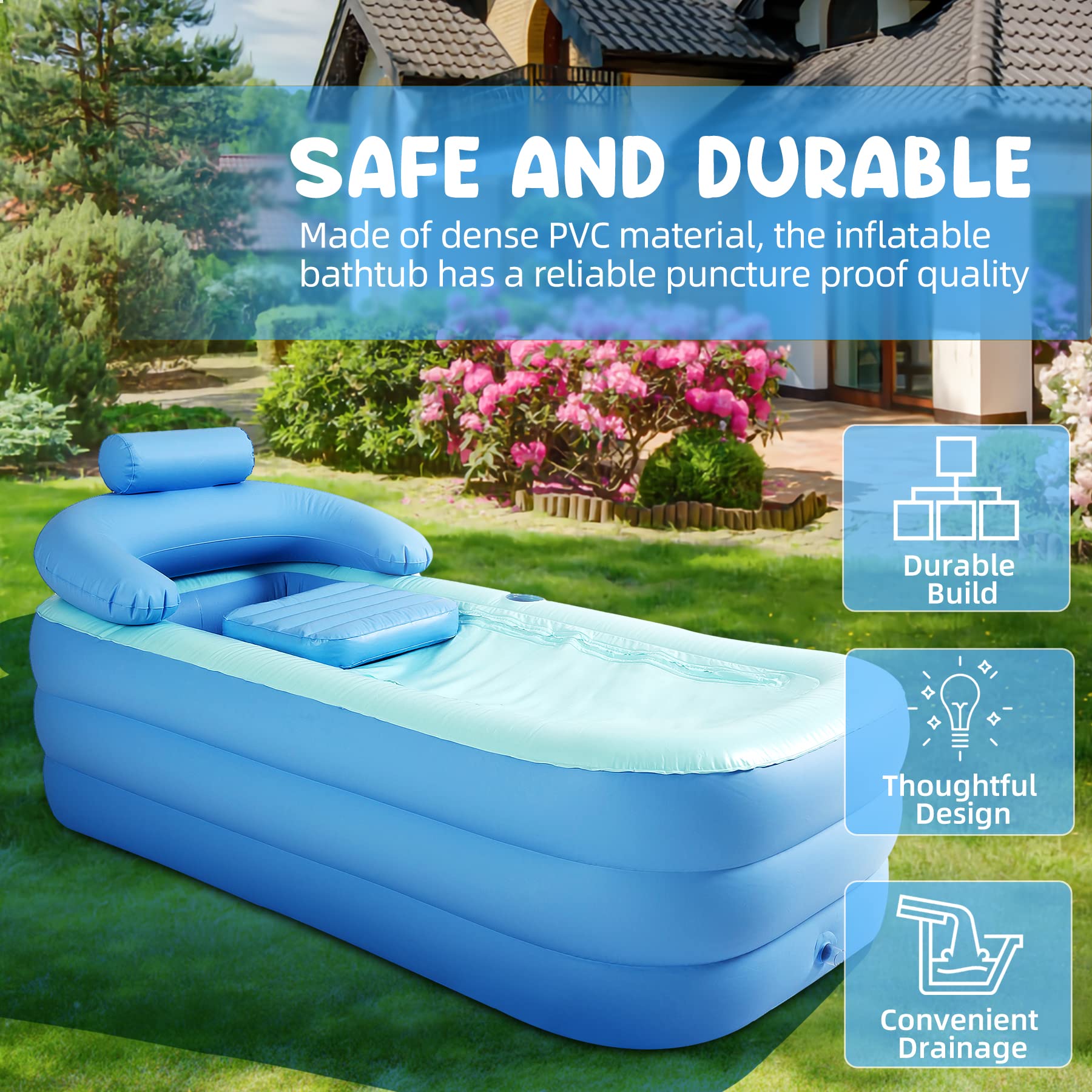 Inflatable Bathtub Adult with Electric Air Pump, Indoor or Outdoor Portable Foldable Bath Tub and Ice Bath Tub, Freestanding Blow Up Bathtub with Bath Pillow Headrest for Adults Spa, 63"x33" (Blue)