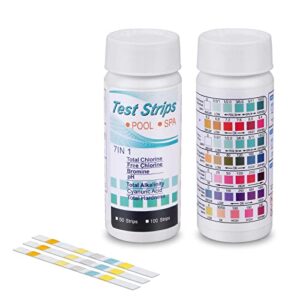 7 in 1 pool and spa test strips, 100pcs swimming pool water test strip, hot tub water test strips, total hardness, total chlorine, bromine, free chlorine, ph, cyanuric acid & total alkalinity