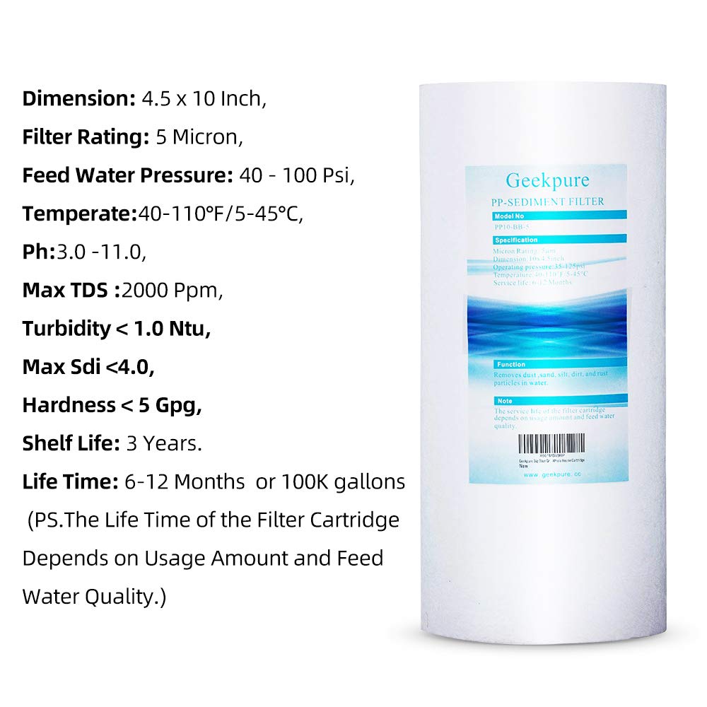 Geekpure 10-Inch PP Sediment Filter for Whole House Water Filter System-4.5" x 10"-5 Micron (4)