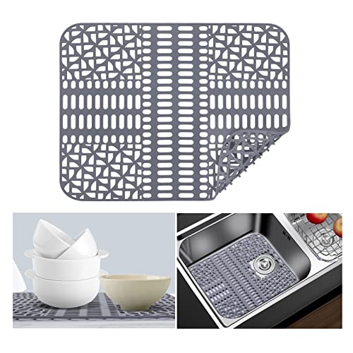 JUSTOGO Sink Protectors for Kitchen Sink,Silicone Sink Mat Grid Accessory,1 PCS Non-slip Grey Sink Mats for Bottom of Kitchen Farmhouse Stainless Steel Porcelain Sink (16.25"x 13")