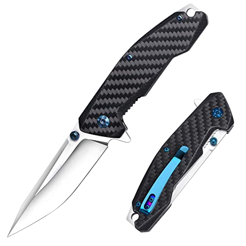 Folding Pocket Knife， Pocket Knives Carbon Fibers Handle， High Hardness D2 Blade With Clip and Liner Lock，Camping Knife for EDC, Fishing， Camping and Outdoor Activities-Good for Men Gift