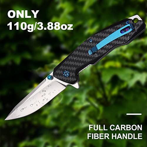 Folding Pocket Knife， Pocket Knives Carbon Fibers Handle， High Hardness D2 Blade With Clip and Liner Lock，Camping Knife for EDC, Fishing， Camping and Outdoor Activities-Good for Men Gift