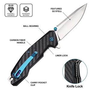 Folding Pocket Knife， Pocket Knives Carbon Fibers Handle， High Hardness D2 Blade With Clip and Liner Lock，Camping Knife for EDC, Fishing， Camping and Outdoor Activities-Good for Men Gift