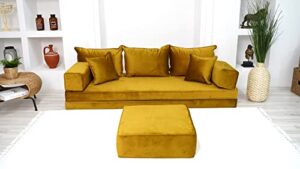 gold velvet fabric floor seating, sectional sofa, velvet floor sofa, meditation sofa, arabic floor sofa set, floor couches (sofa + ottoman, 8'' thickness sofa)