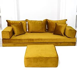 Gold Velvet Fabric Floor Seating, Sectional Sofa, Velvet Floor Sofa, Meditation Sofa, Arabic Floor Sofa Set, Floor Couches (Sofa + Ottoman, 8'' Thickness Sofa)