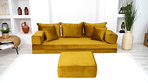 Gold Velvet Fabric Floor Seating, Sectional Sofa, Velvet Floor Sofa, Meditation Sofa, Arabic Floor Sofa Set, Floor Couches (Sofa + Ottoman, 8'' Thickness Sofa)