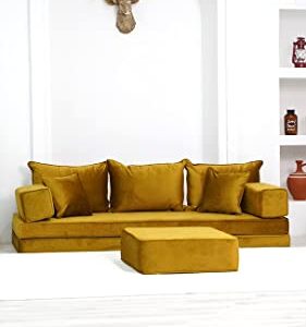 Gold Velvet Fabric Floor Seating, Sectional Sofa, Velvet Floor Sofa, Meditation Sofa, Arabic Floor Sofa Set, Floor Couches (Sofa + Ottoman, 8'' Thickness Sofa)