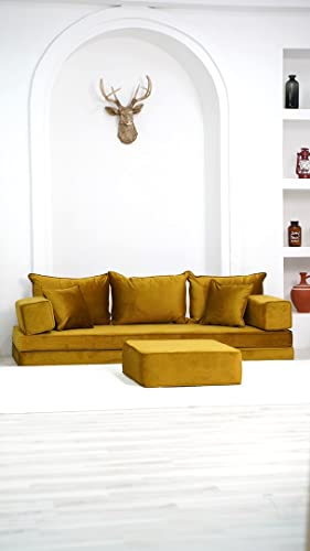 Gold Velvet Fabric Floor Seating, Sectional Sofa, Velvet Floor Sofa, Meditation Sofa, Arabic Floor Sofa Set, Floor Couches (Sofa + Ottoman, 8'' Thickness Sofa)